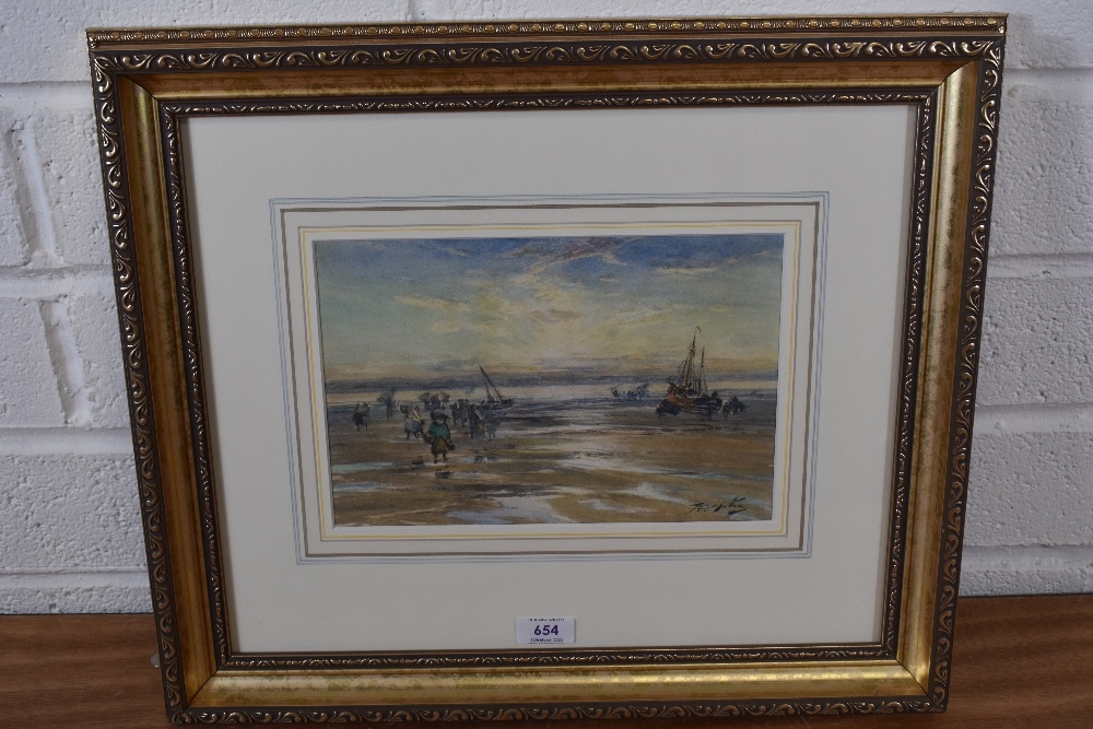 Thomas Swift Hutton | coastal scene at sunrise with figures and boats ...