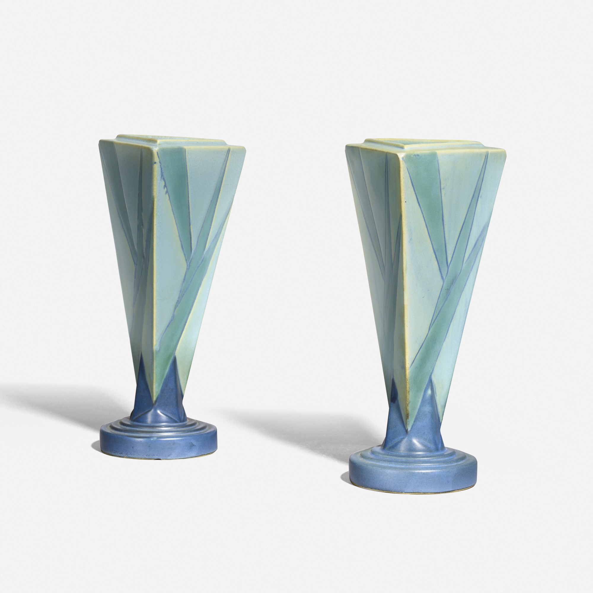 Roseville Pottery | Futura Big Blue Triangle vases model 388, set of ...