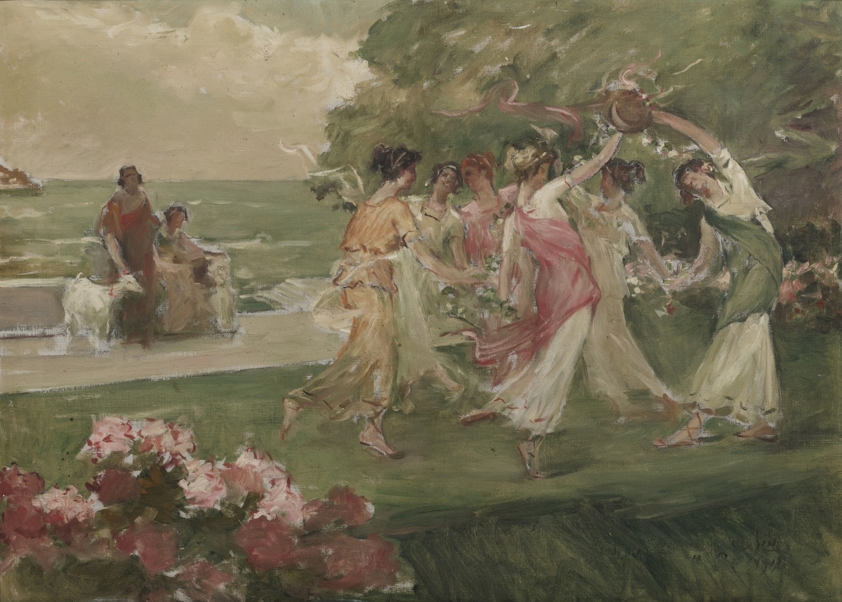 Lino Acácio de Magalhães | Paisagem com animais e figuras femininas a ...