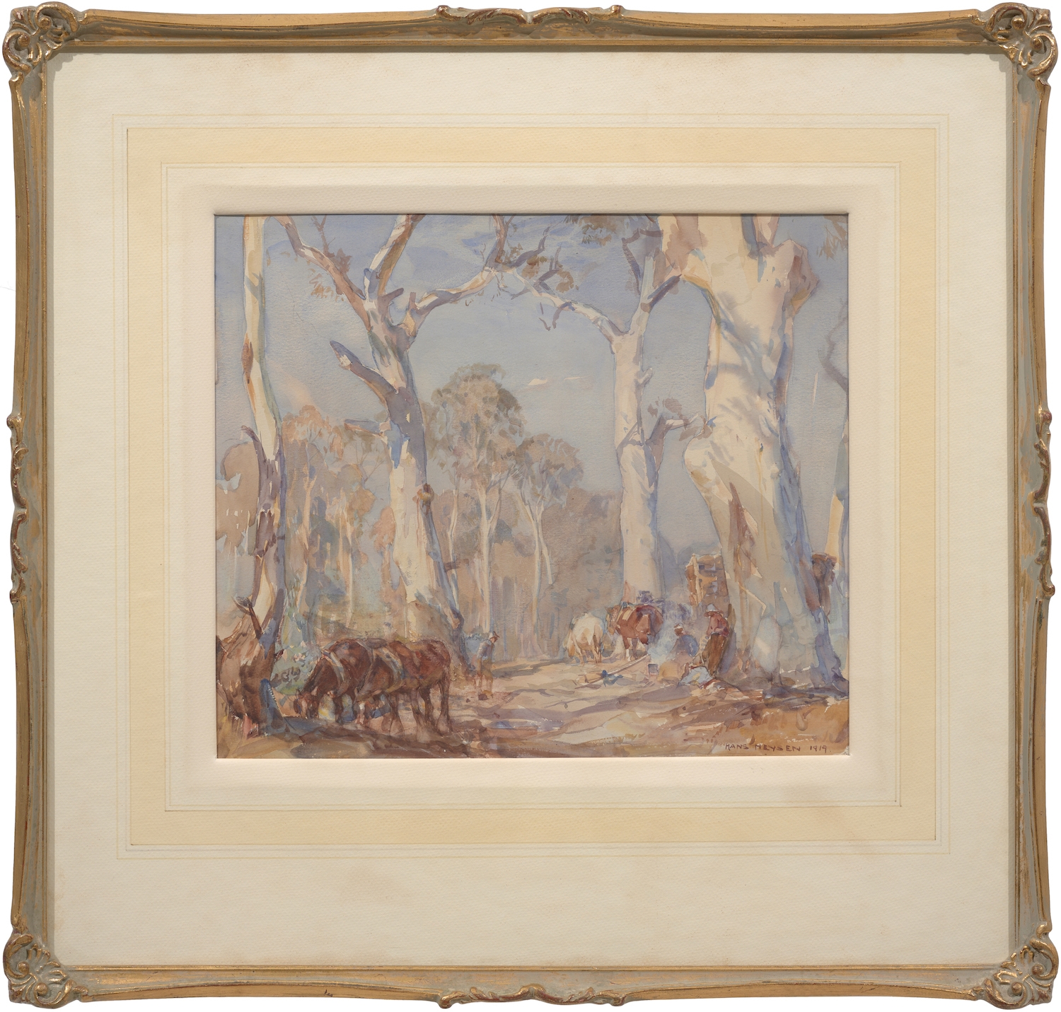 Hans Heysen | A Team Working with Horses Amidst Trees (1919) | MutualArt