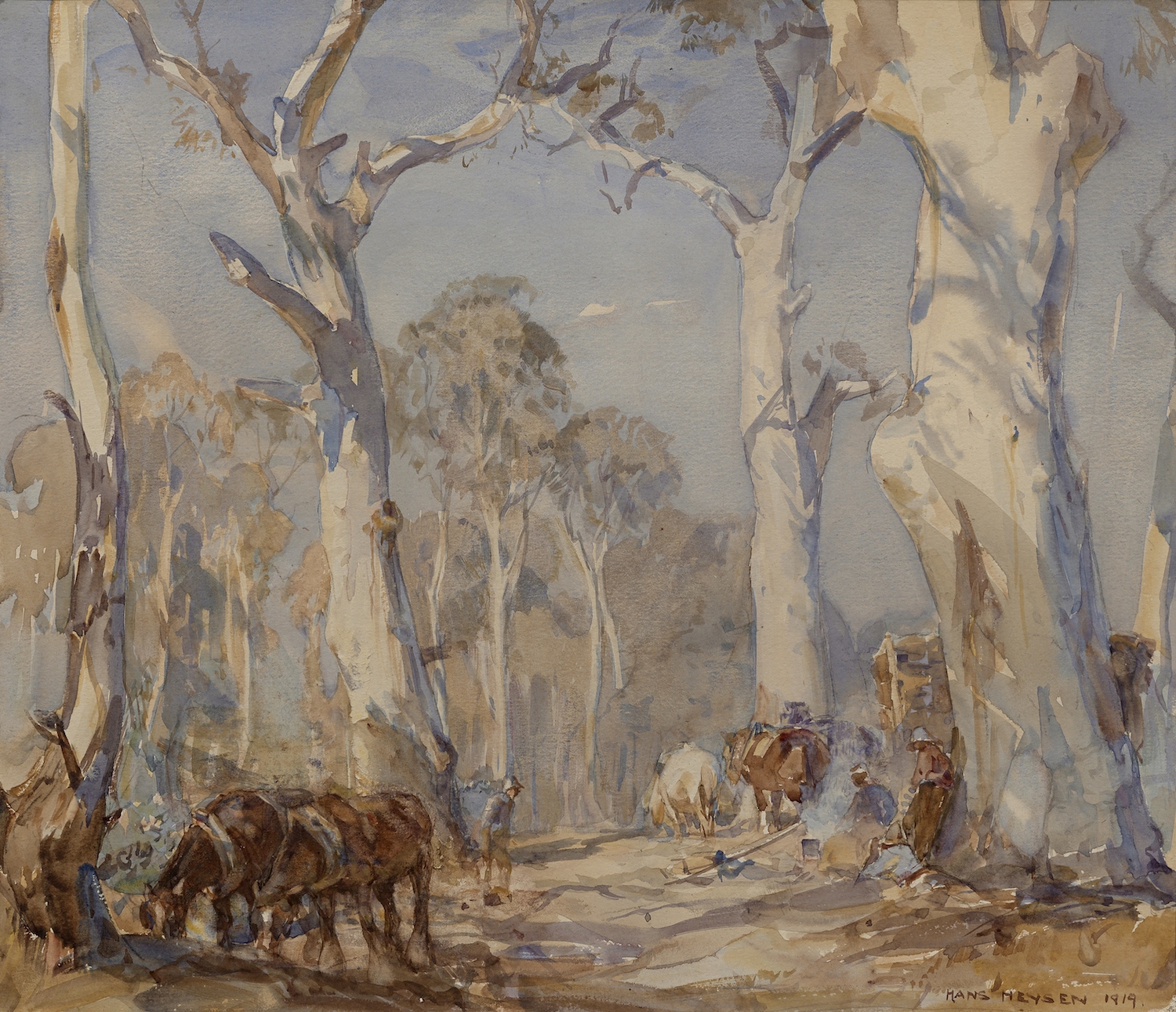 Hans Heysen | A Team Working with Horses Amidst Trees (1919) | MutualArt