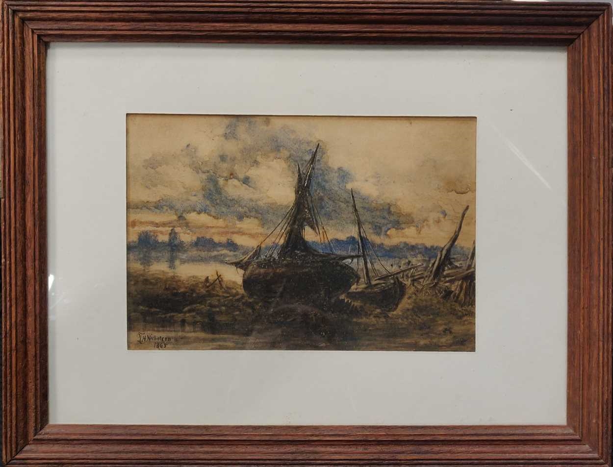 Thomas Henry Nicholson | Beached fishing boats at dusk (1865) | MutualArt