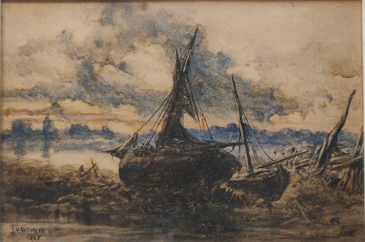 Thomas Henry Nicholson | Beached fishing boats at dusk (1865) | MutualArt