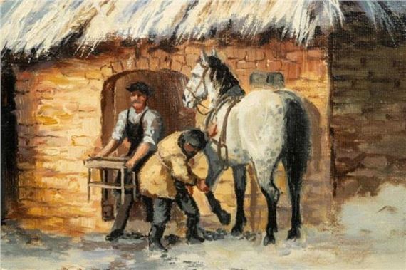 Victor Mazur | A landscape with a thatched hut, mountains and horses ...
