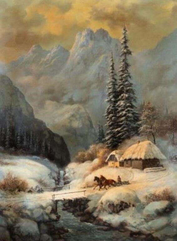 Victor Mazur | A snowy landscape with a horse drawn sleigh | MutualArt