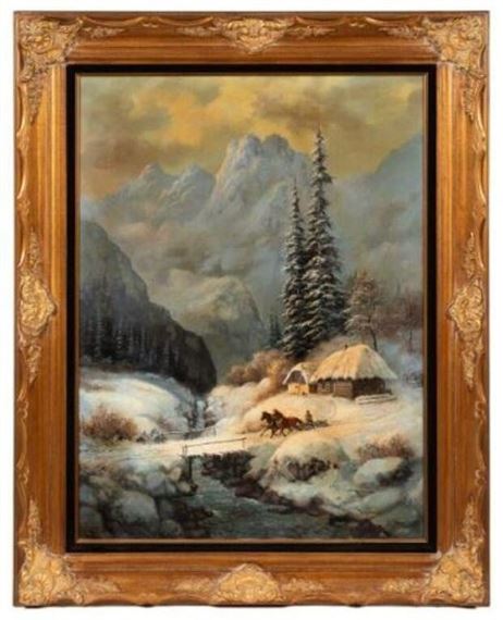 Victor Mazur | A snowy landscape with a horse drawn sleigh | MutualArt