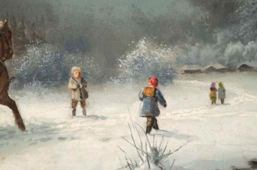 Victor Mazur | A snowy landscape with a horse-drawn cart with children ...