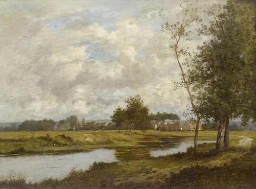 Léon Richet | Group of trees by a riverbank | MutualArt