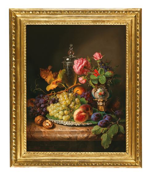 Josef Lauer | Still life with fruit, a glass goblet and roses (1852 ...