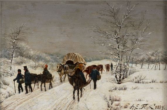Auguste-Emile Flick | Snowy road animated by a covered wagon, cattle ...