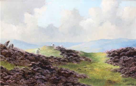Lewis Creighton | Moorland landscape with sheep grazing | MutualArt