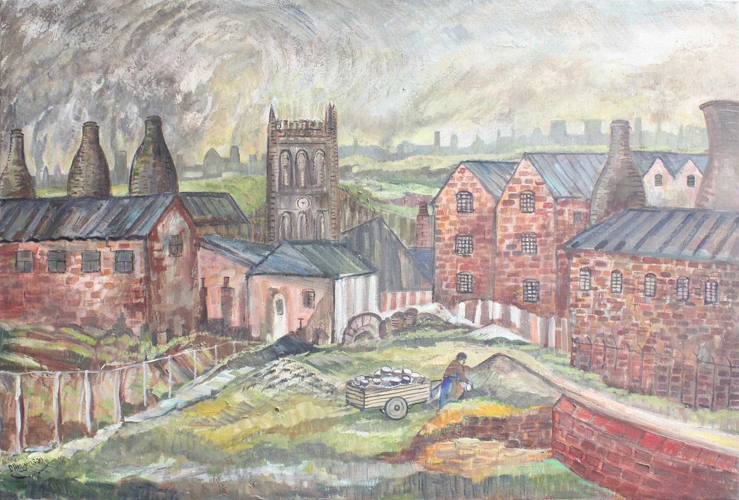Derek Higginson | Figure at work before a townscape with kilns | MutualArt