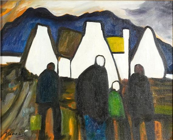 Markey Robinson | Figures and cottages before a mountainous landscape ...