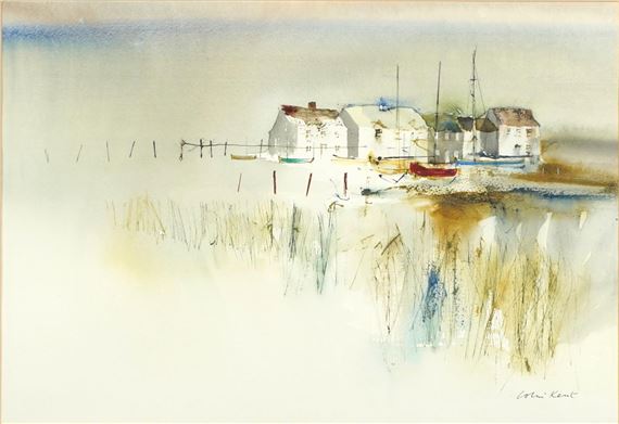 Colin Kent | Harbour with moored boats and cottages | MutualArt