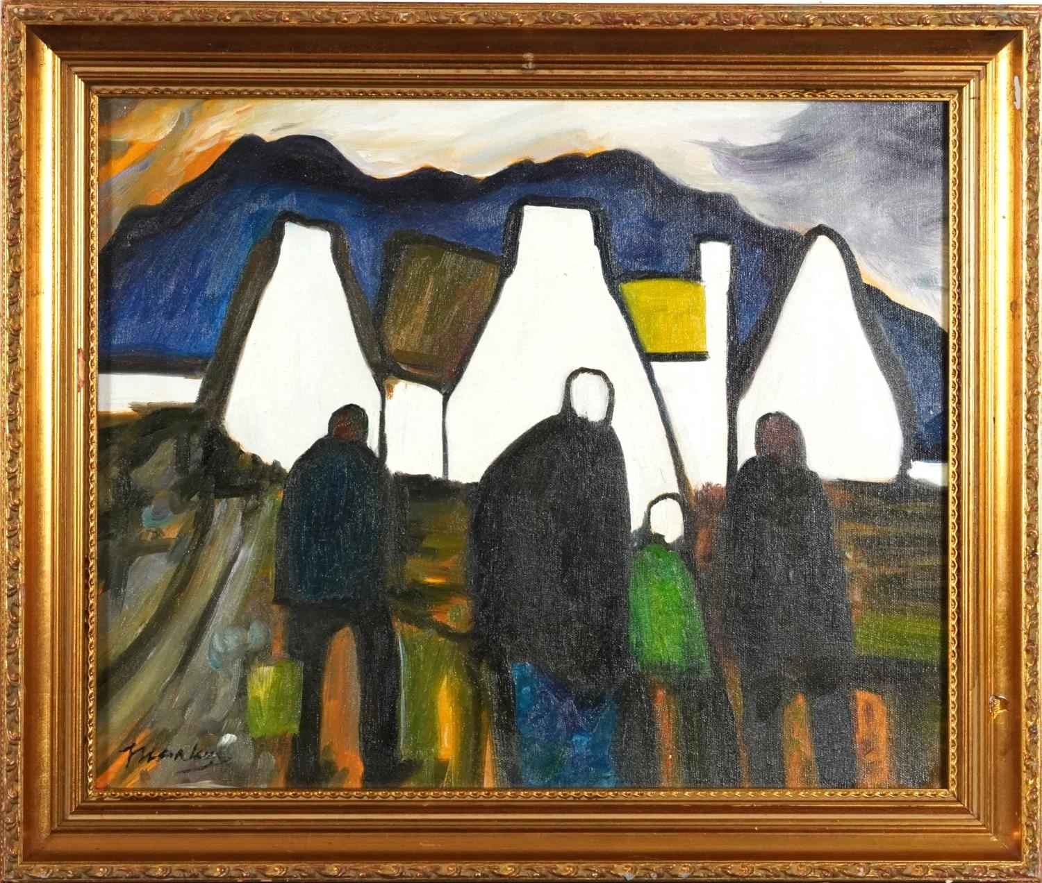 Markey Robinson | Figures and cottages before a mountainous landscape ...
