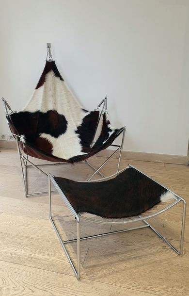 Odile Mir | Armchair and ottoman in chromed metal and skin (1970s ...