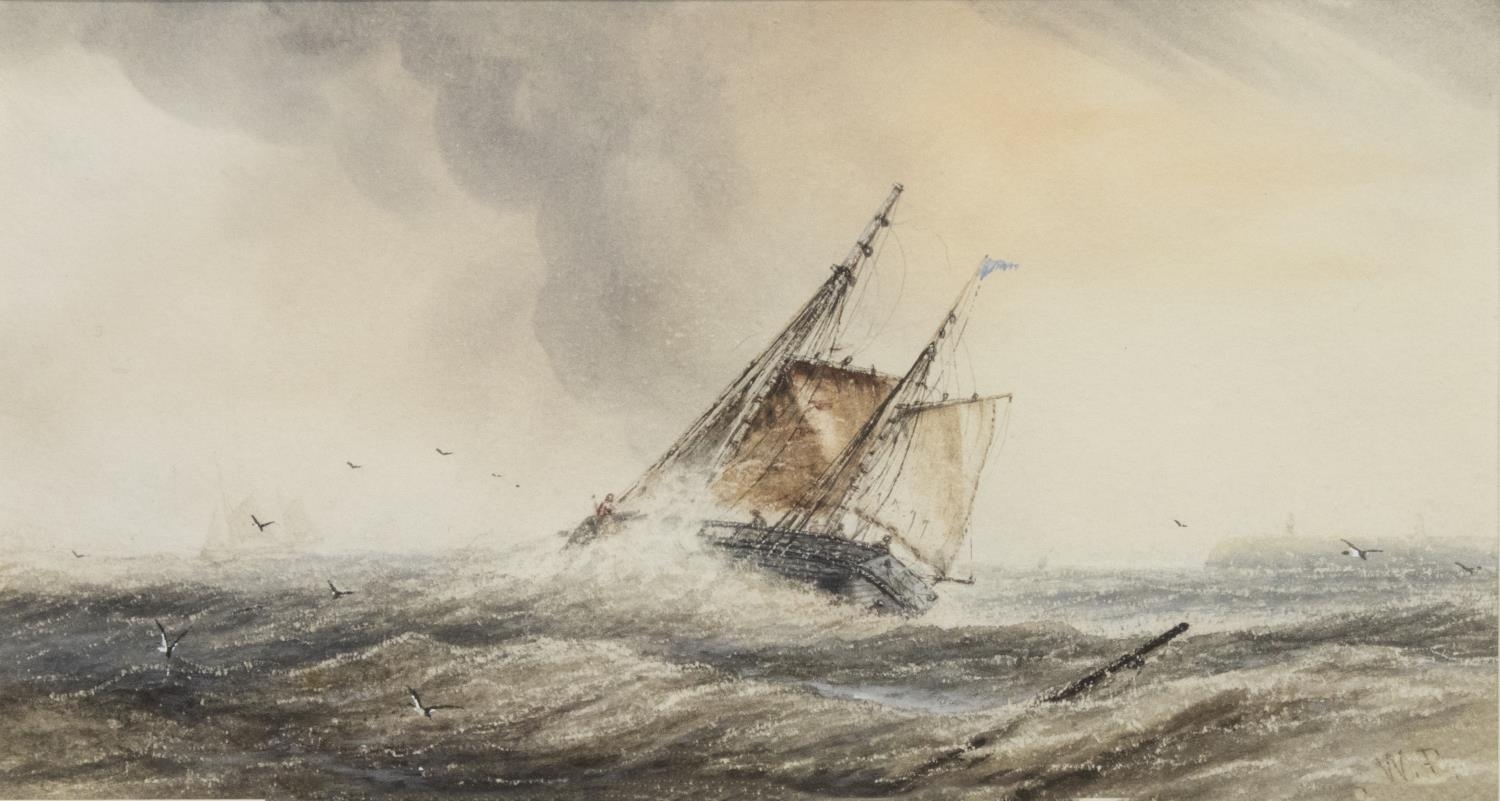 British School, 19th Century | ; Twin masted sailing vessel in a heavy ...