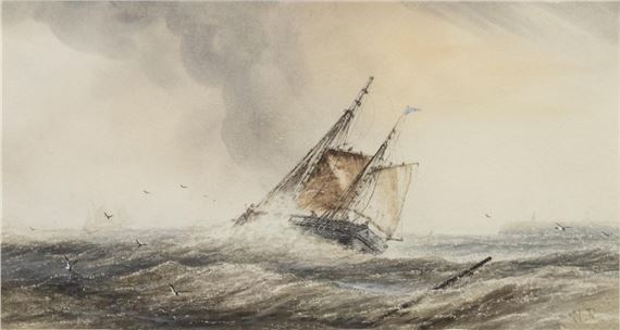 British School, 19th Century | ; Twin masted sailing vessel in a heavy ...