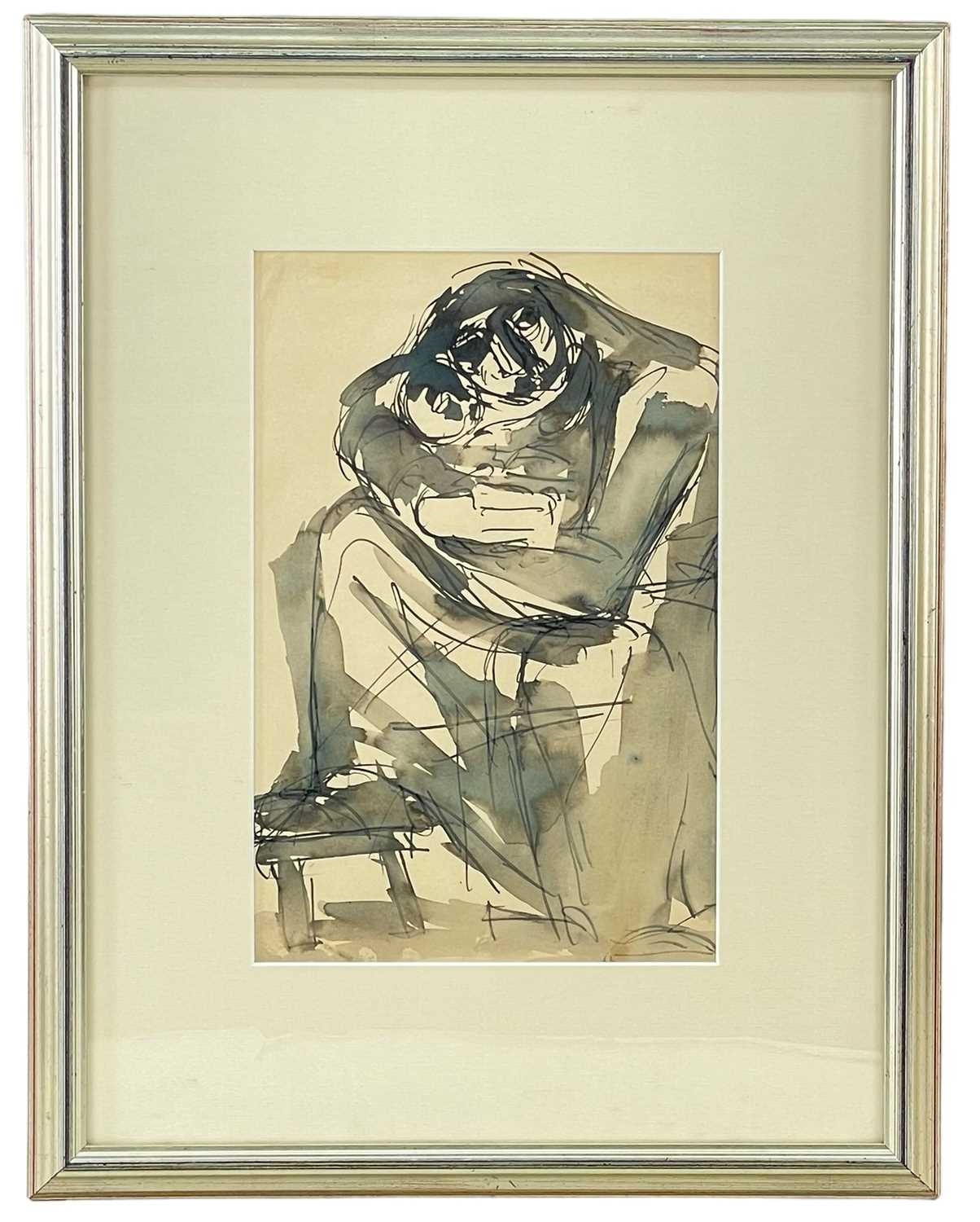Josef Herman | figure with head in arms and one foot on a stool | MutualArt