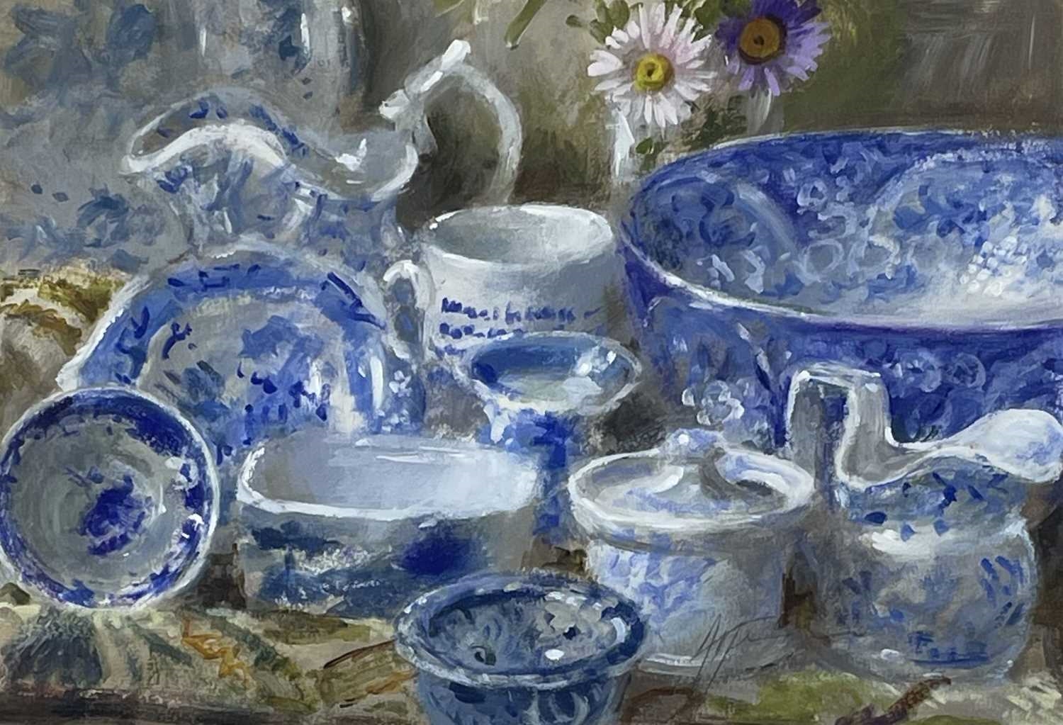 Andrew Douglas | still life of blue and white pottery with flowers ...