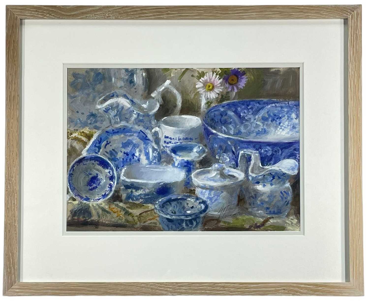 Andrew Douglas | still life of blue and white pottery with flowers ...