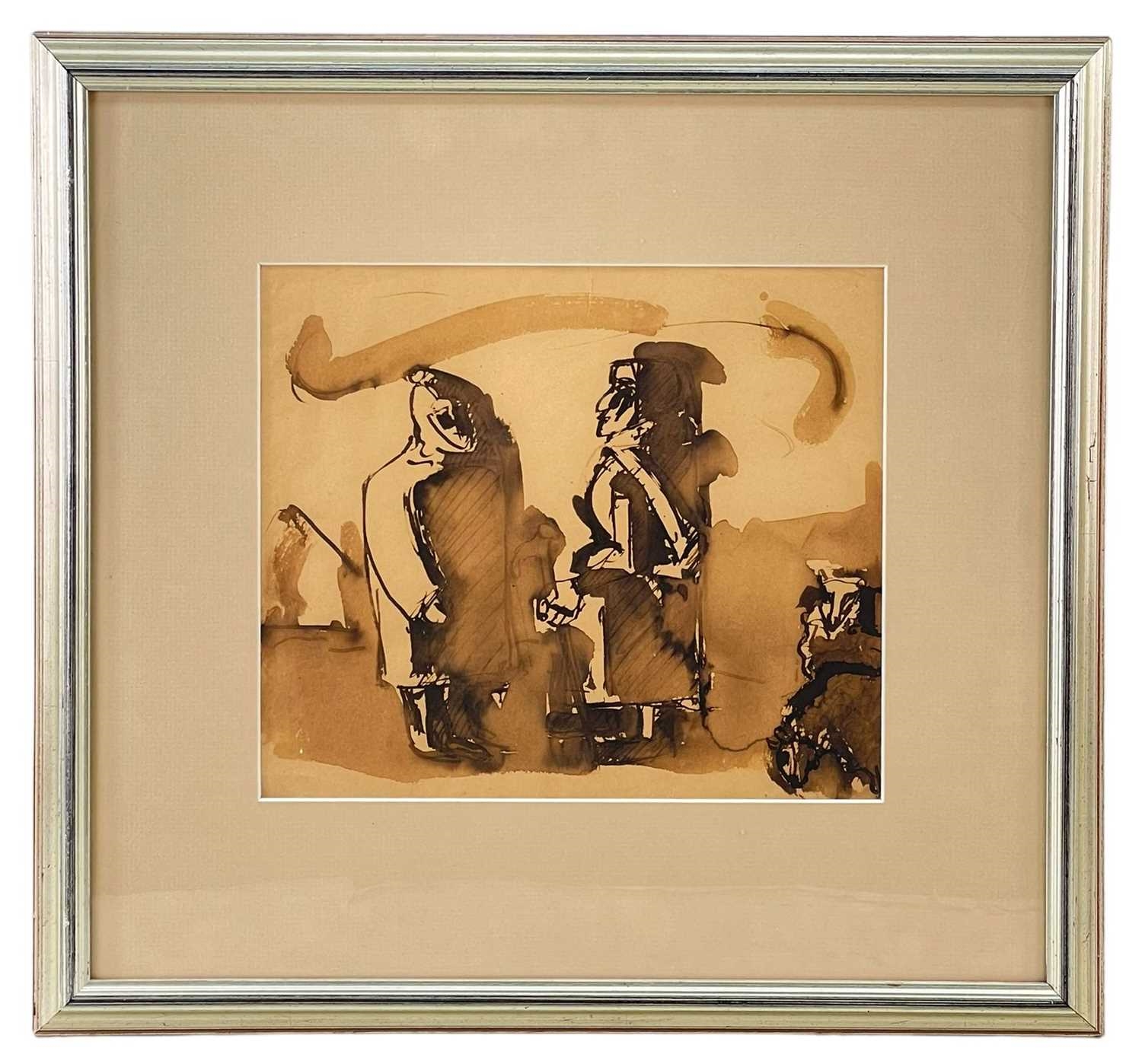 Josef Herman | farmers in conversation with grazing sheep | MutualArt