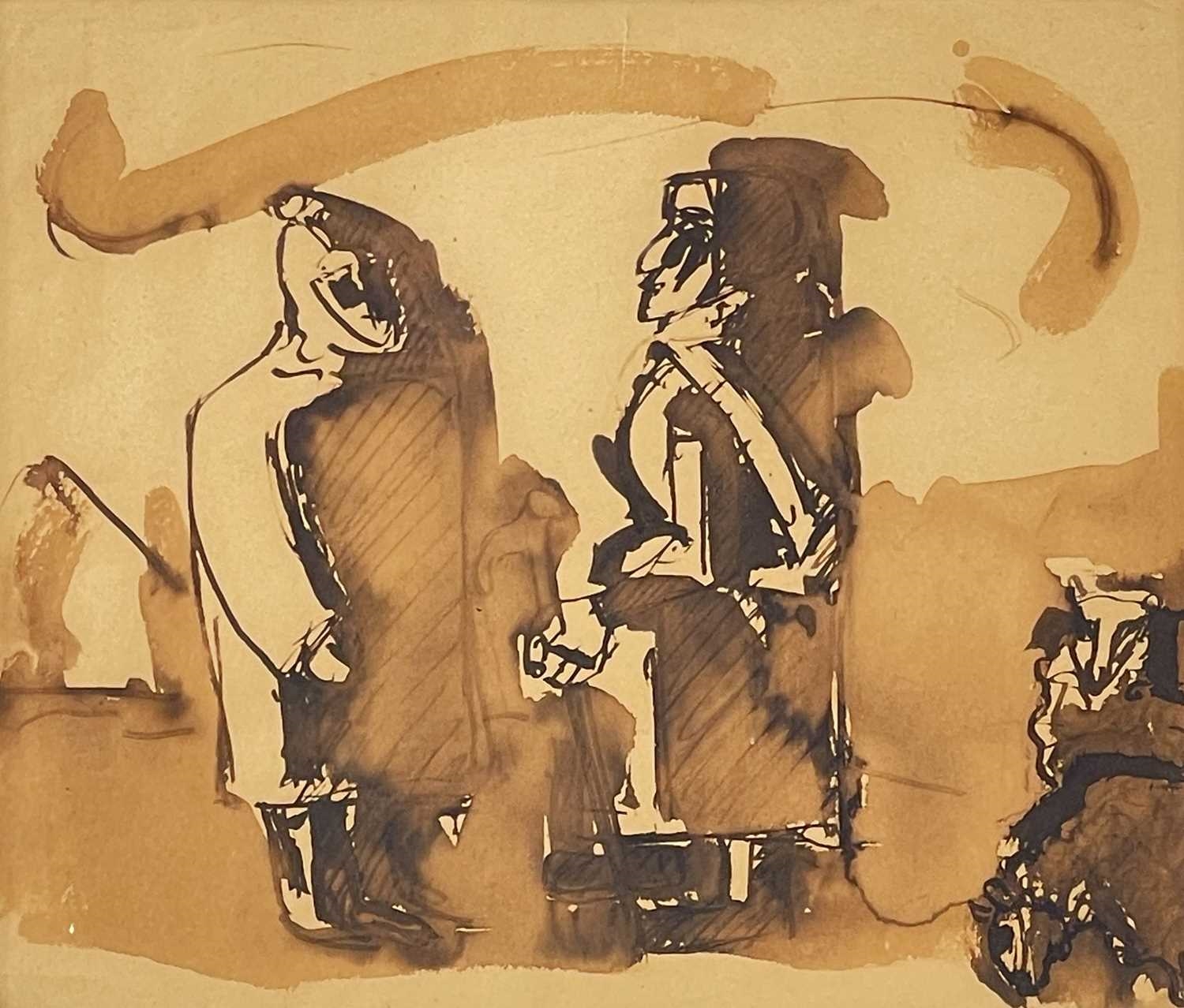 Josef Herman | farmers in conversation with grazing sheep | MutualArt