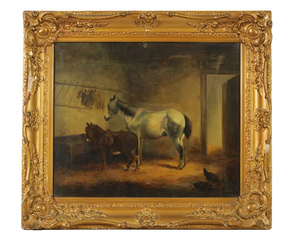 William Shayer Sr. | Stable scene depicting a donkey and horse feeding ...