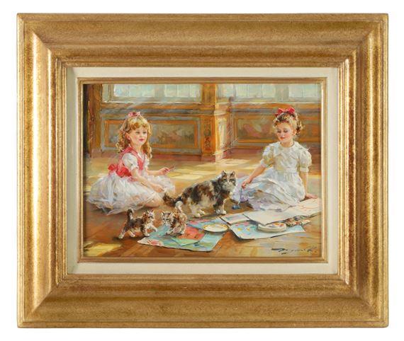 Konstantin Razumov | Interior scene with seated young girls playing ...