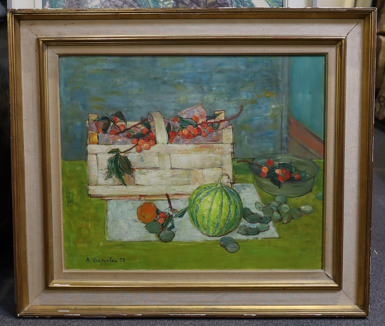 André Vignoles | Table top still life with basket of cherries and other ...