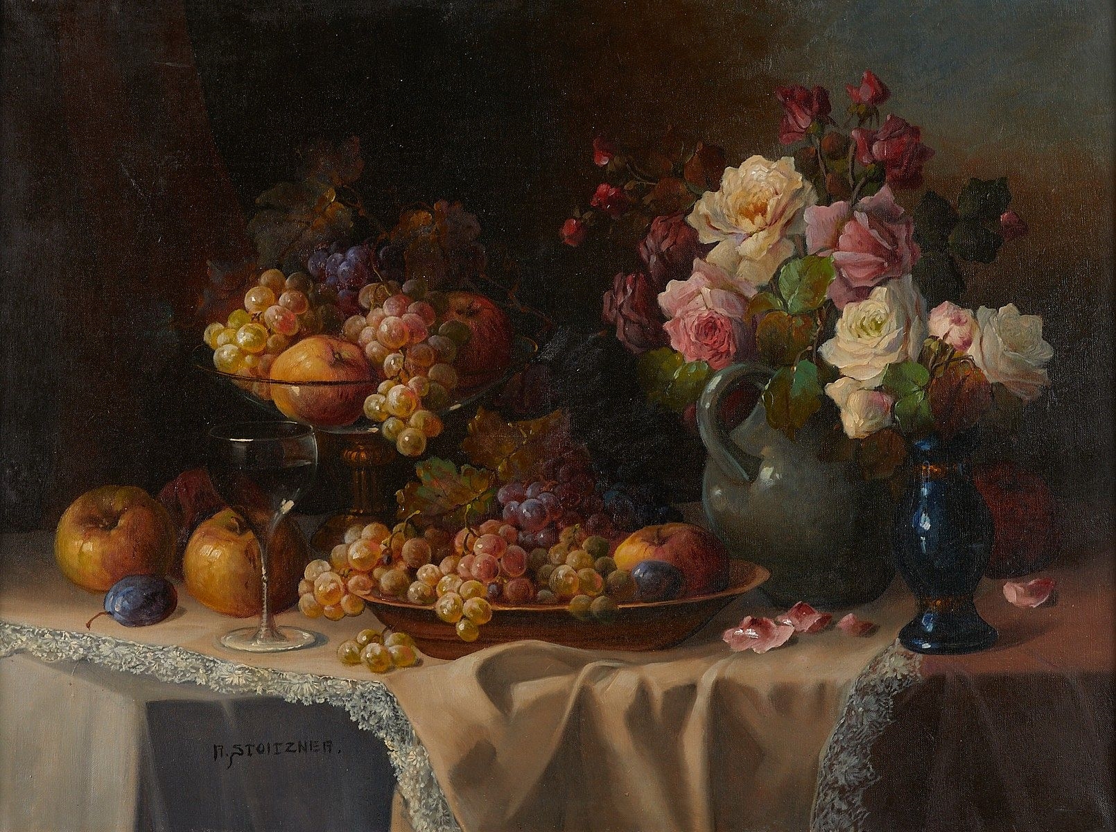 Rudolf Stoitzner | Depicting a still life with flowers and fruits on a ...