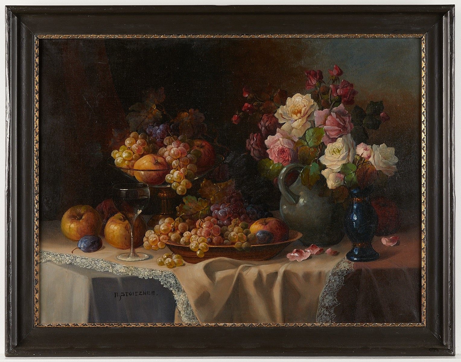 Rudolf Stoitzner | Depicting a still life with flowers and fruits on a table. The flowers on the ...