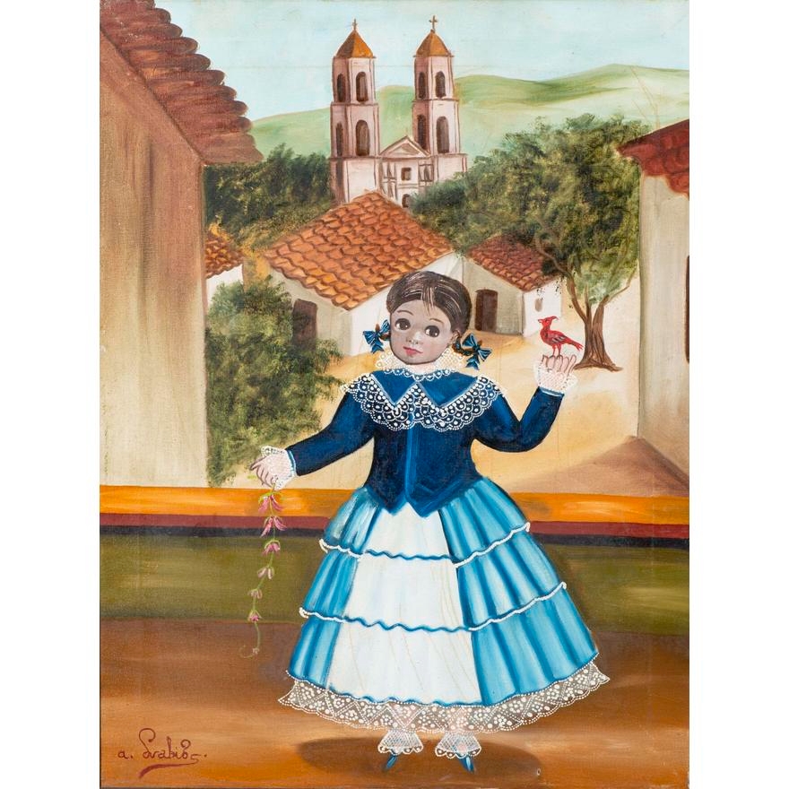 Agapito Labios | 'Jeune fille la robe bleu et à l'oiseau rouge' | MutualArt