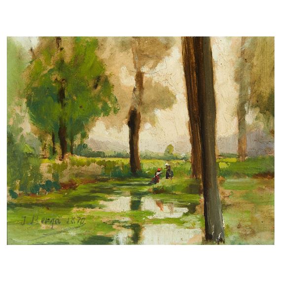 José Berga | Paisaje lacustre con figuras. (1870) | MutualArt