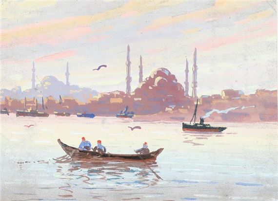 Oskar Laske | Fishermen on the Bosphorus Strait at Istanbul | MutualArt