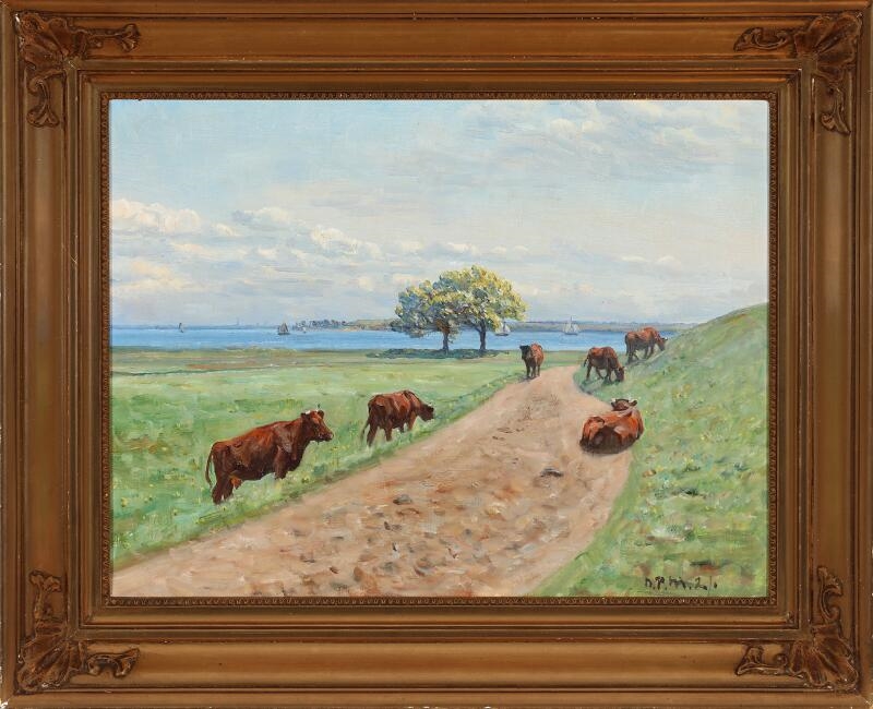 Niels Pedersen Mols | Cows grassing along a road | MutualArt