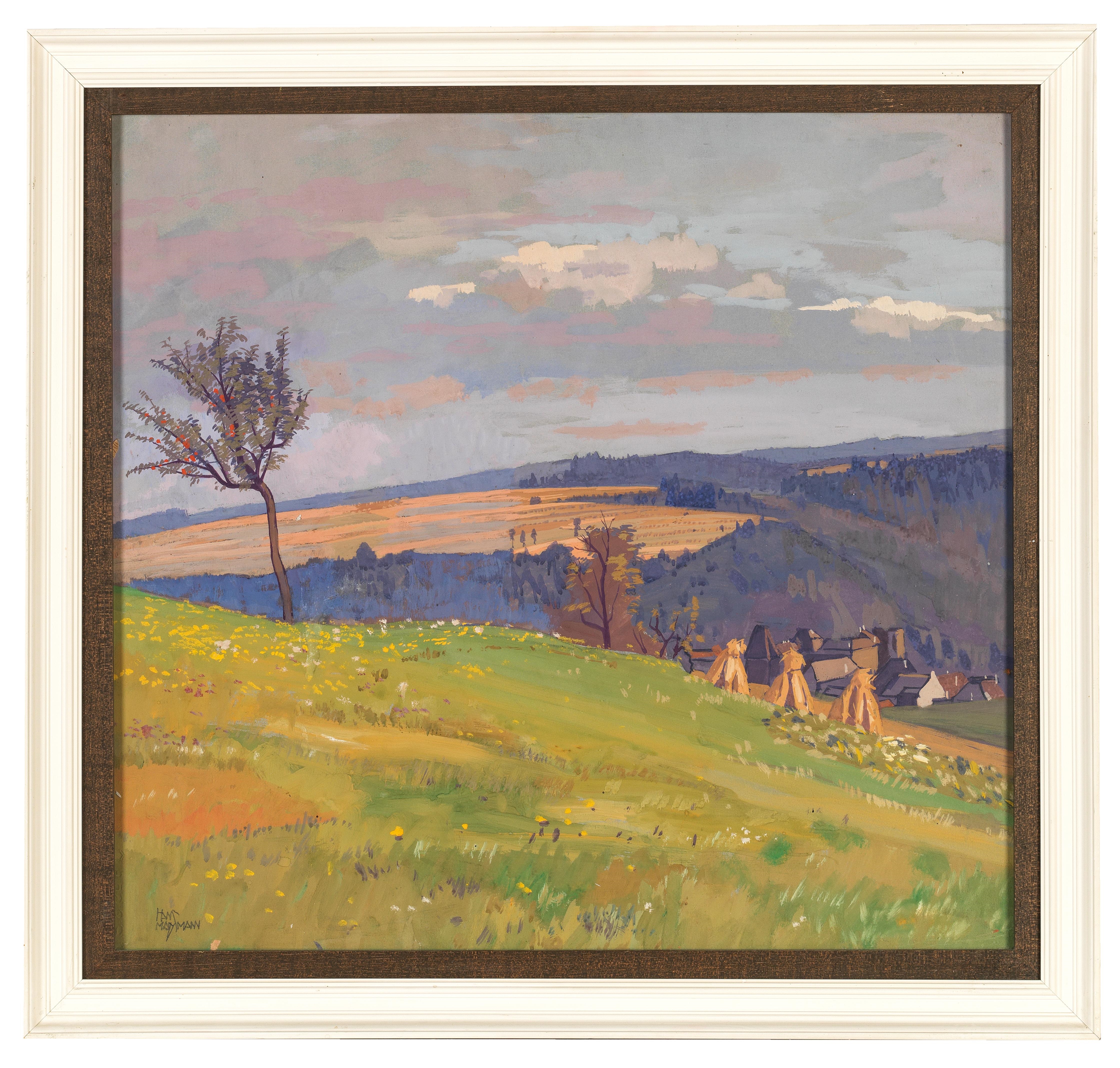 Hans Massmann | Hügelige Landschaft mit Heumanderln und Vogelbeerbaum ...