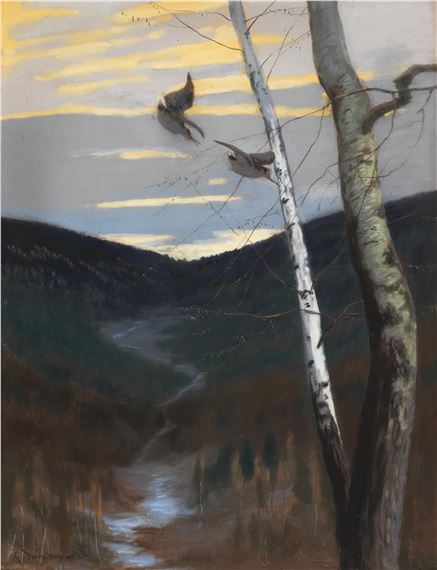 Carl Ritter von Dombrowski | Schnepfen in einer Landschaft mit Birken ...