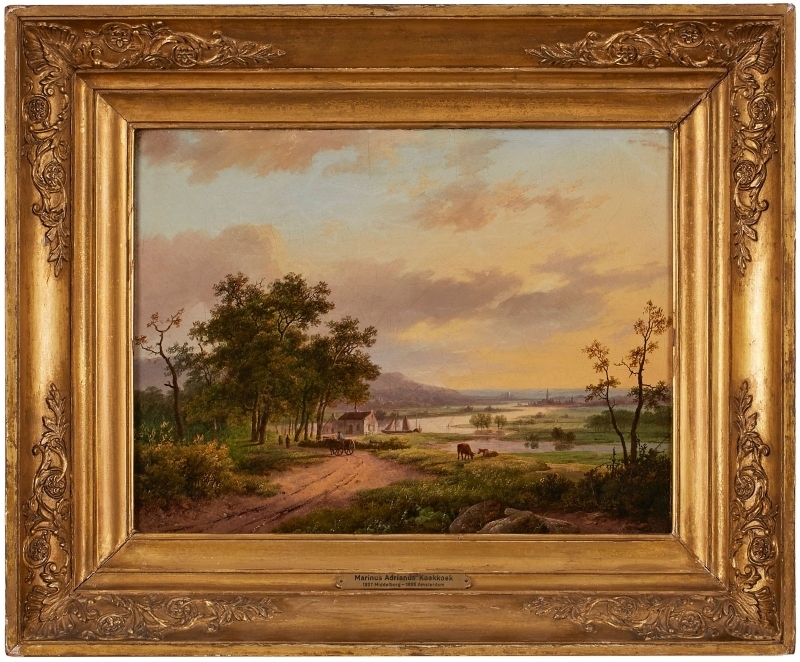 Marinus Adrianus Koekkoek | Flusslandschaft mit Pferdekarren und Kühen ...