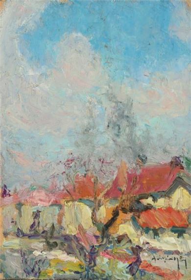 Adolphe Augustin Rey | Paysage de campagne aux maisons à toits rouges ...