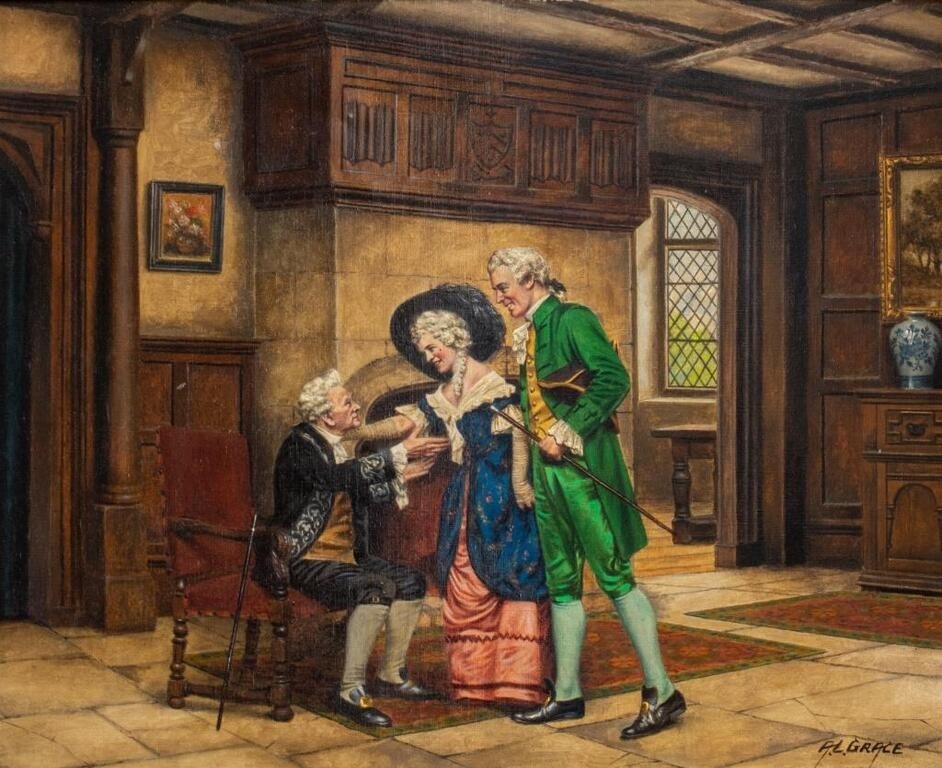 A.L. Grace | A.L. Grace Visitors Interior Scene Oil on Canvas | MutualArt