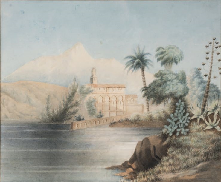 Mathieu-auguste Koening | Palace and palm trees at the water's edge ...