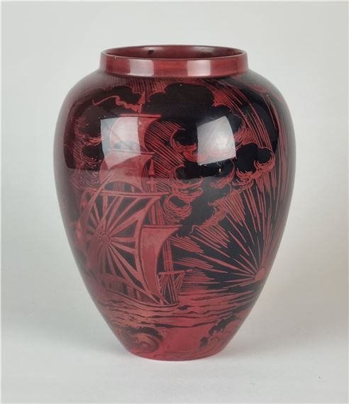 Bernard Moore | A red flambe vase decorated with two galleons in full ...