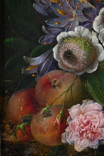 Louis Vidal | Still life with flowers and fruits on an entablature ...