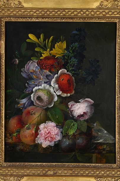 Louis Vidal | Still life with flowers and fruits on an entablature ...