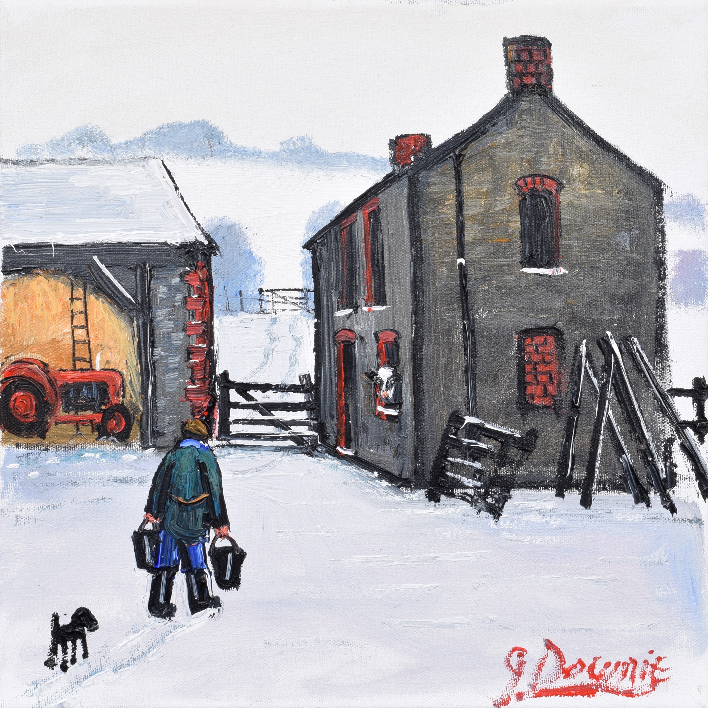 James Downie | Snowy farmyard scene with farmer and dog (2022) | MutualArt