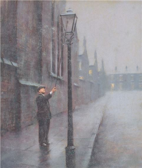 Marc Grimshaw | Northern street scene with lamplighter | MutualArt