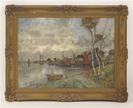 Karl Heffner | A Dutch coastal village with boats (1849) | MutualArt