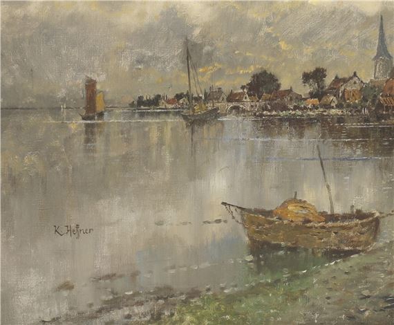 Karl Heffner | A Dutch coastal village with boats (1849) | MutualArt