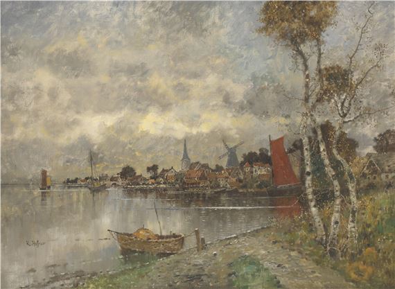 Karl Heffner | A Dutch coastal village with boats (1849) | MutualArt